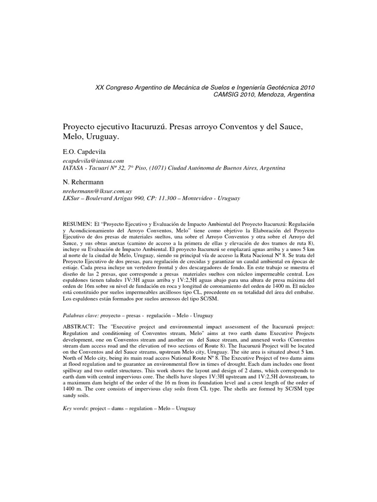 T006-Proyecto Ejecutivo Itacuruzú. Presas Arroyos Conventos y Del Sauce, Melo, Uruguay | PDF ...