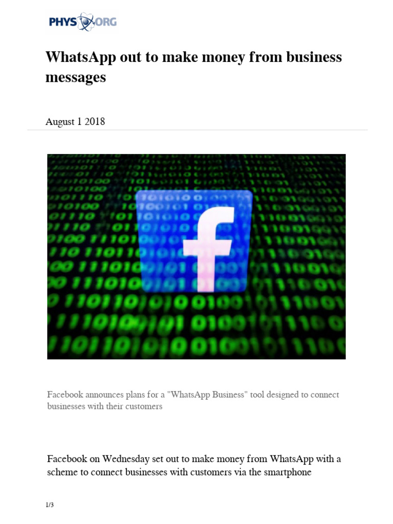 2018 08 Whatsapp Money Business Messages | PDF | Facebook | Service ...