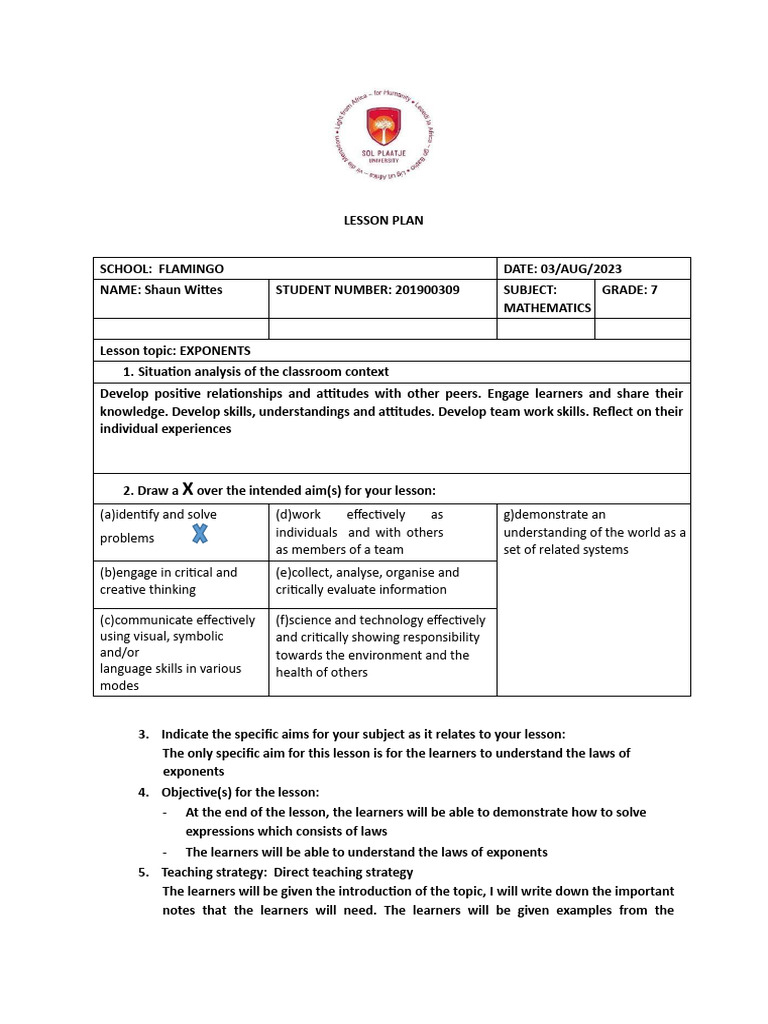 Aug Lesson Plan. | Download Free PDF | Exponentiation | Learning