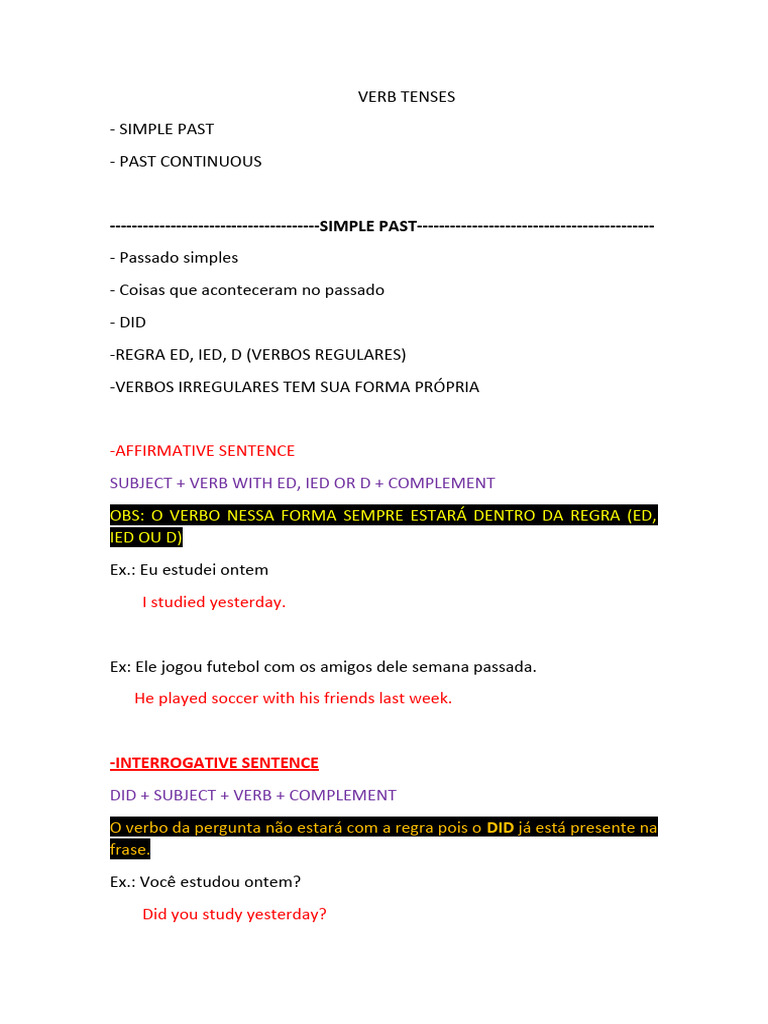 VERB TENSES - SIMPLE PAST E PAST CONTINUOUS | PDF | Linguistic Typology ...