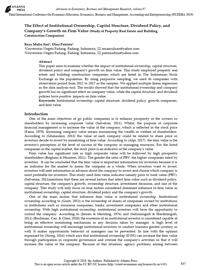 The Effect of Institutional Ownership, Capital Structure, Dividend Policy, and Company's Growth ...