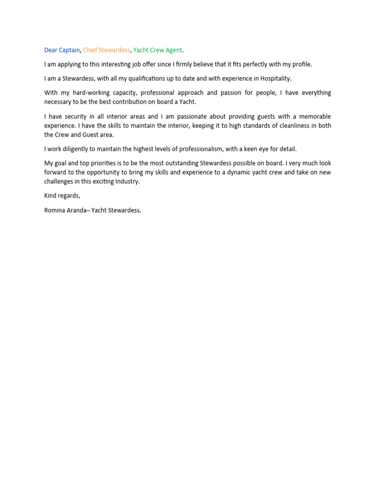 Yacht Crew Application: Stewardess | PDF | Cooking, Food & Wine