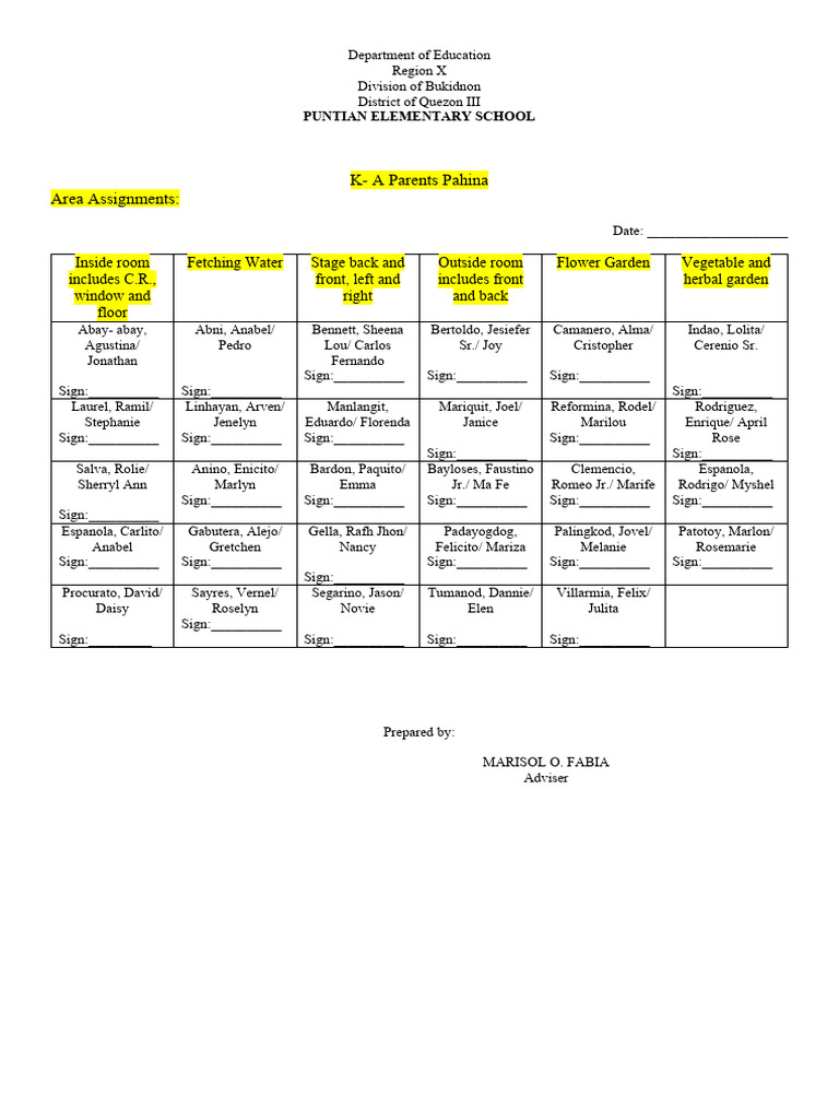 Puntian Elementary School K-A Assignments | PDF