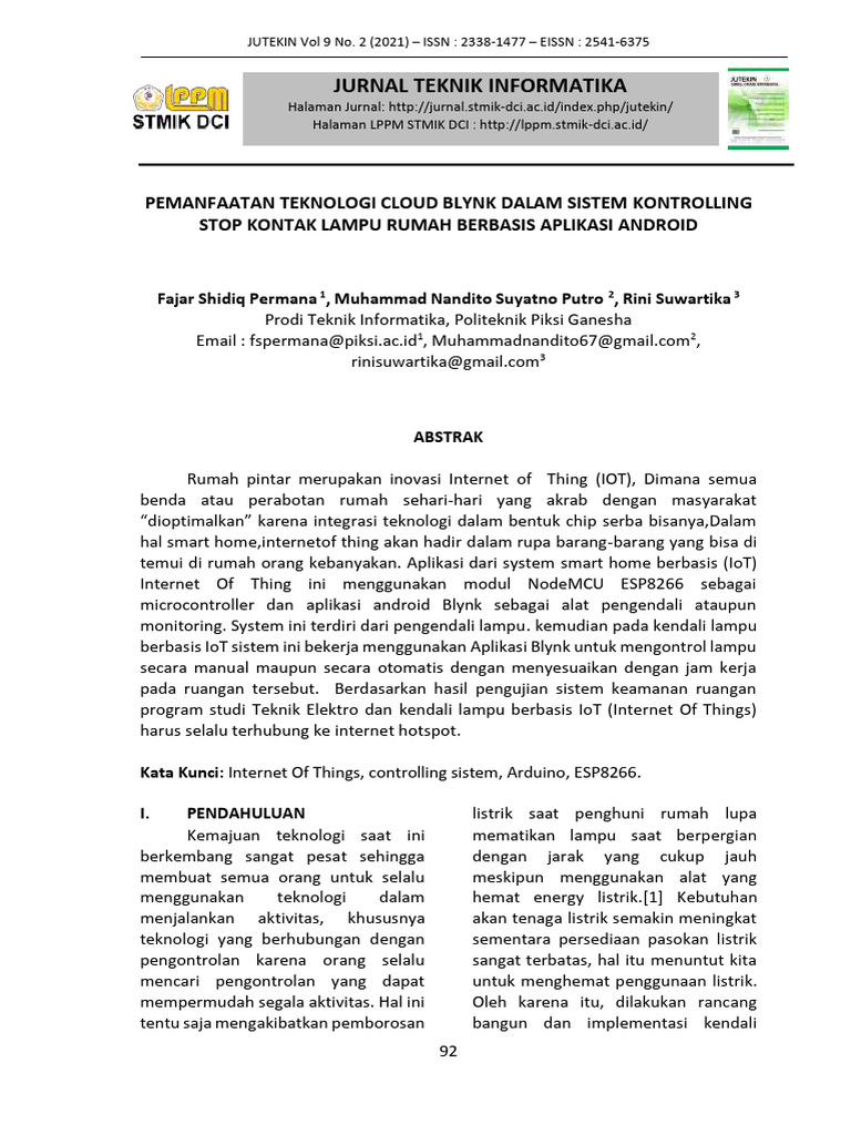 Pemanfaatan Teknologi Cloud Blynk Dalam Sistem Kontrolling | PDF