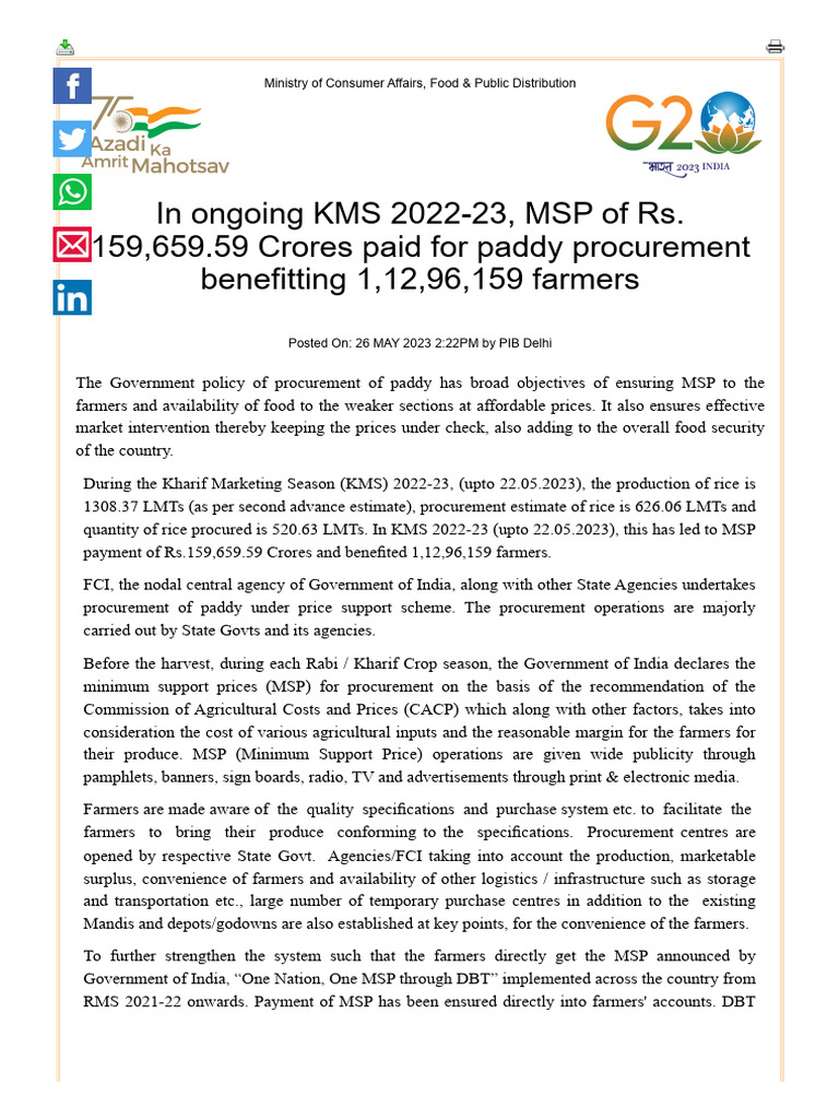MSP Payments for Paddy Procurement 2022-23 | PDF | Economies