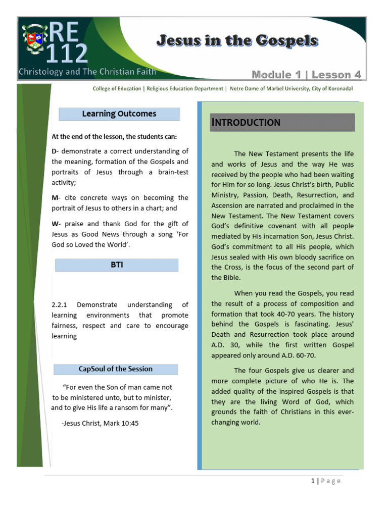 M1 - L4 Jesus in The Gospels | PDF | Jesus | Gospel Of Matthew