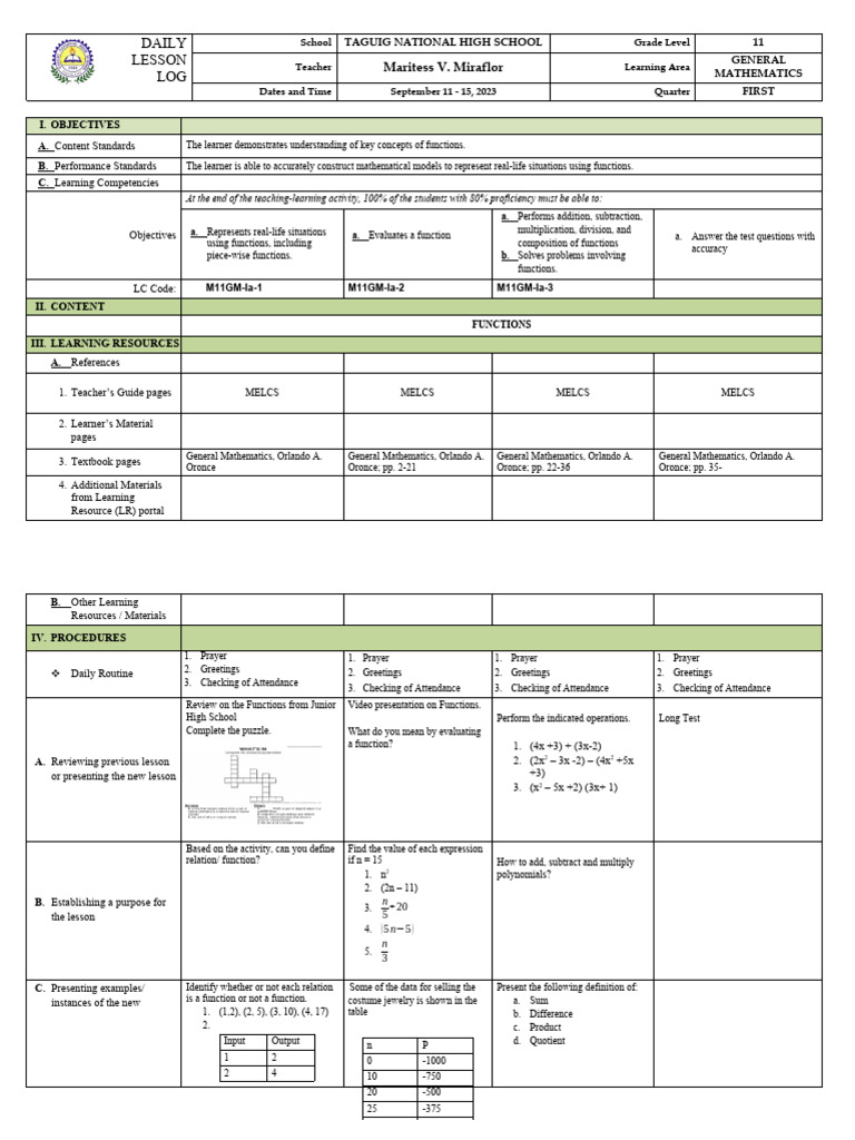 Gen-Math-DLL - Week 3 - Miraflor | PDF | Function (Mathematics) | Learning