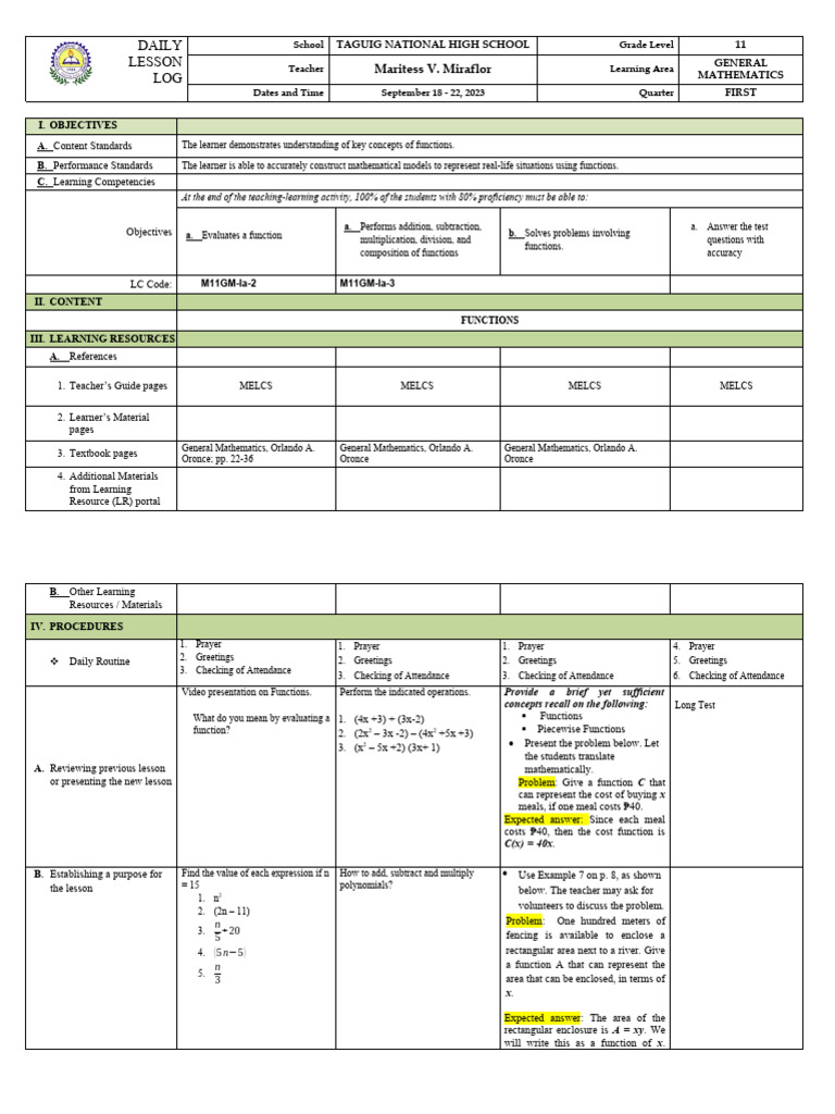 Gen-Math-DLL - Week 4 - Miraflor | PDF | Function (Mathematics) | Learning