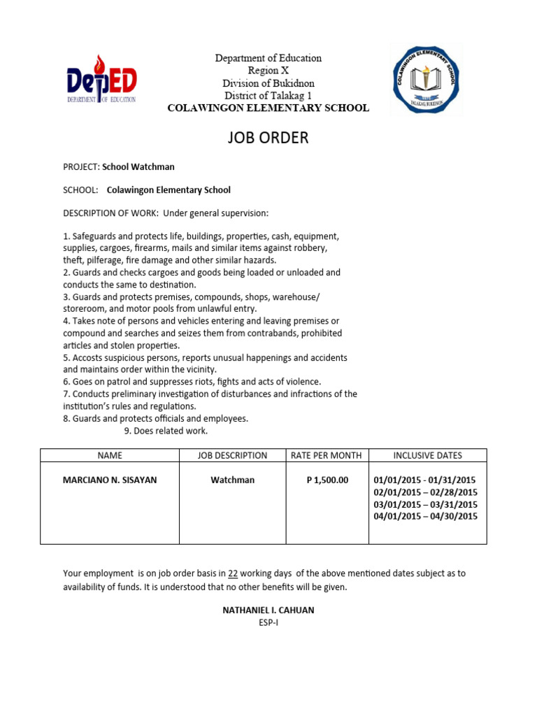 JOB ORDER-WATCHMAN cola | PDF | Security Guard | Theft