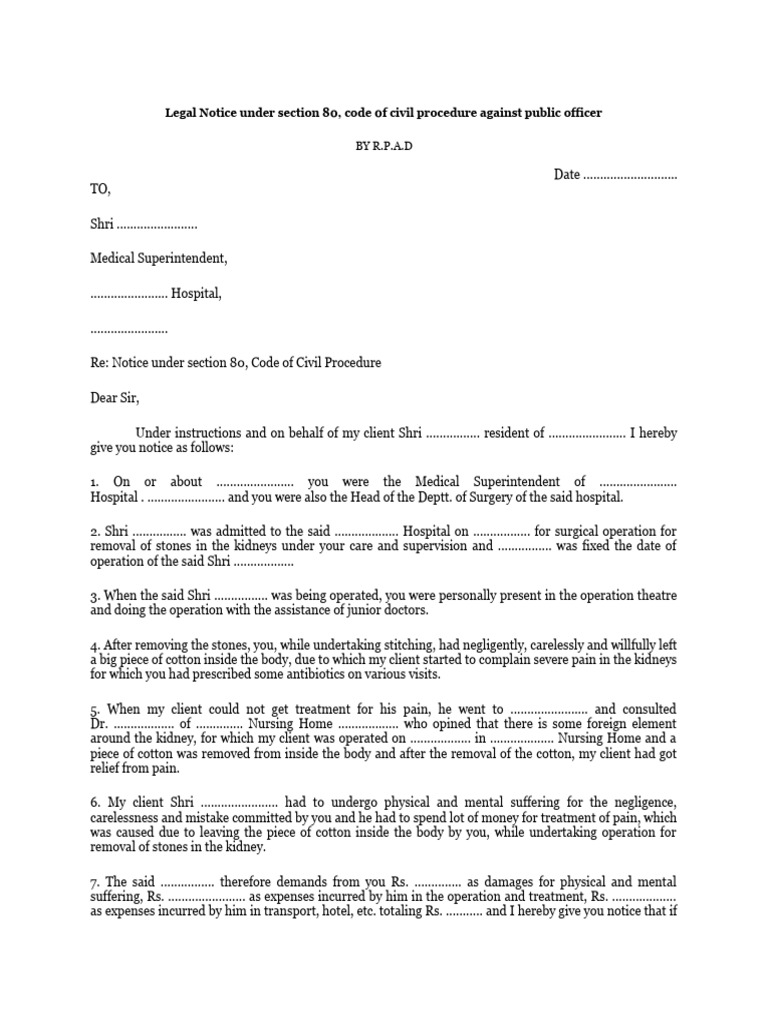 Legal Notice Under Section 80, Code 0f Civil Procedure Against Public Officer | PDF | Surgery | Pain