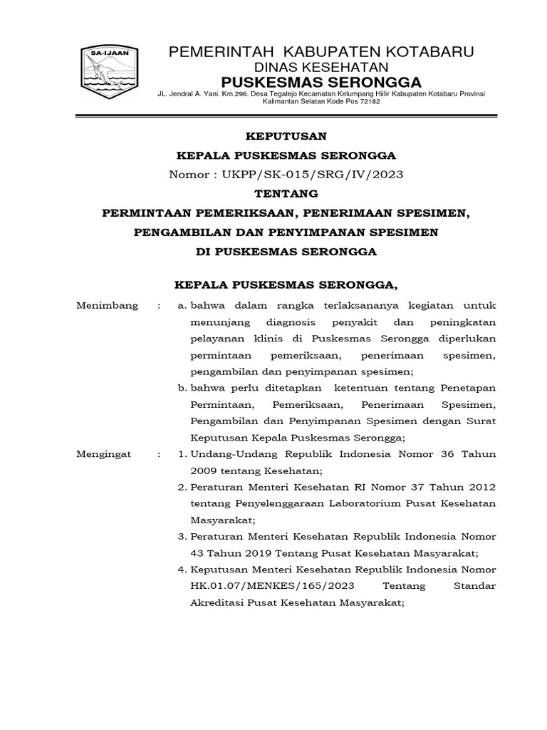 015 EP. 3.9.1.a.4 SK Tentang Permintaan Pemeriksaan, Penerimaan Spesimen, Pengambilan Dan ...