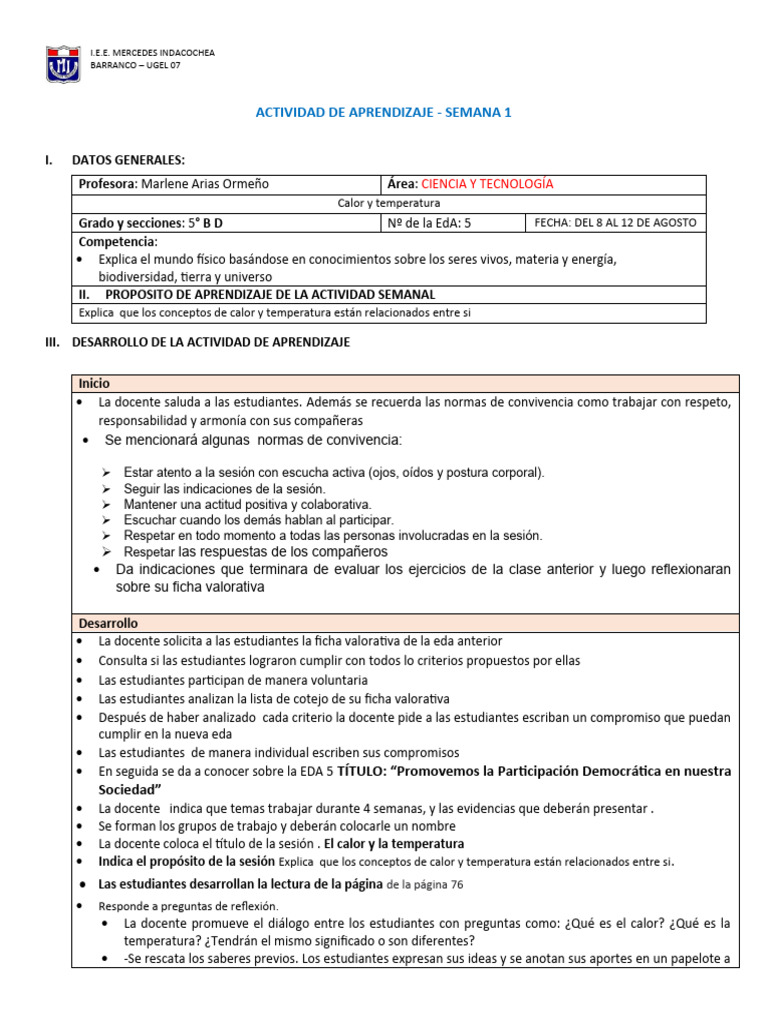 Sesion Semana 1 - CYT 5° - Eda 5 | PDF | Temperatura | Calor