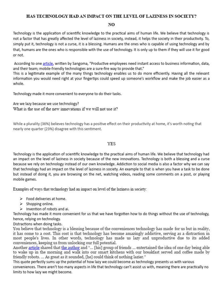 Has Technology Had An Impact On The Level of Laziness in Society | PDF ...