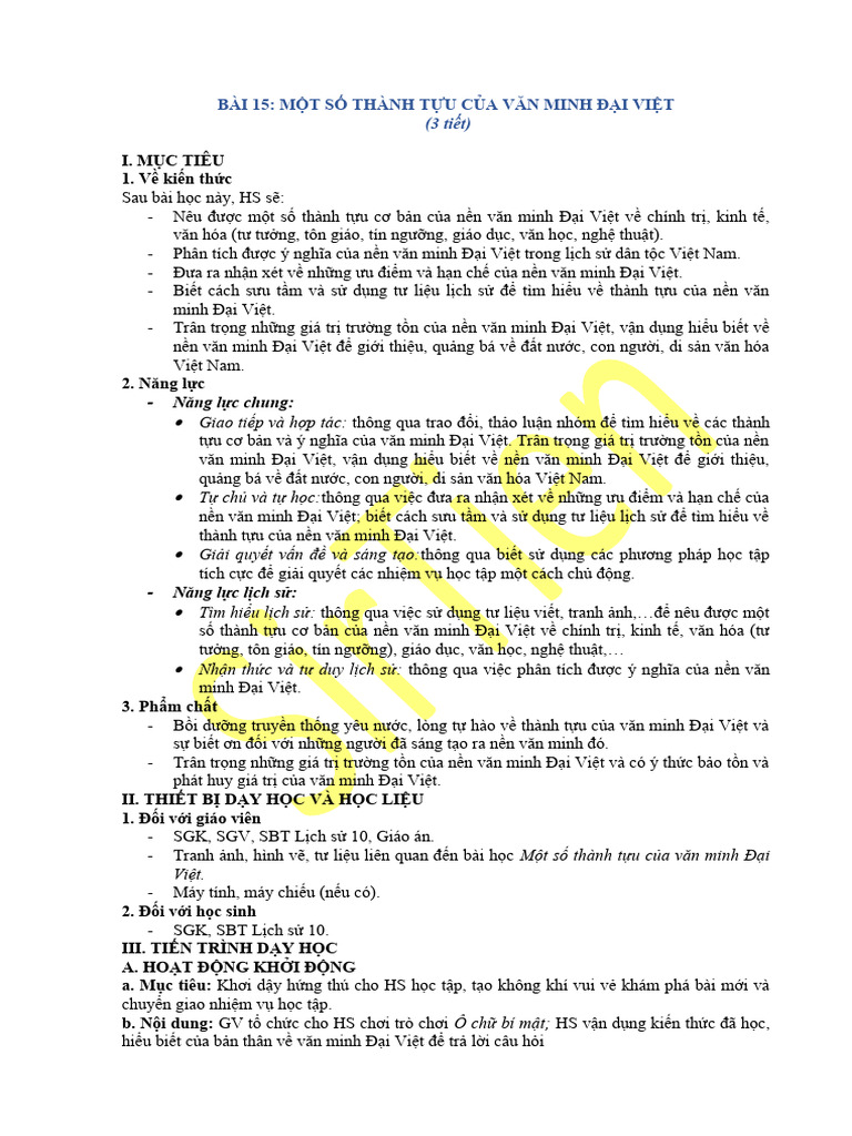 Giao An BAI 15 CD10 MOT SO THANH TUU CUA VAN MINH DAI VIET | PDF