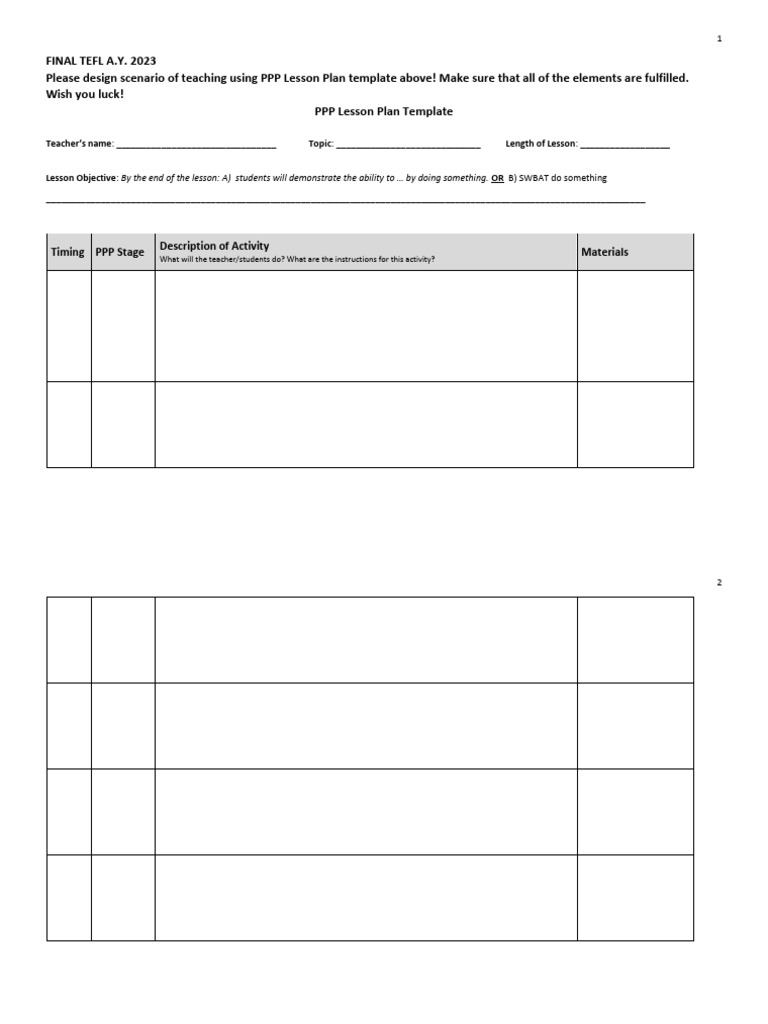 Soal UAS TEFL PPP Lesson Plan Template1 | PDF