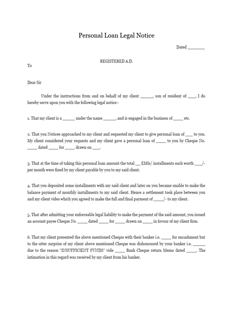 Personal Loan Legal Notice for Recovery | PDF | Cheque | Banks