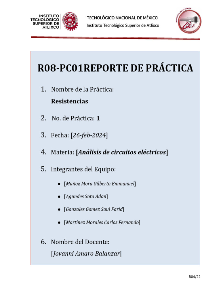 Practica1 Reporte T1 An Ci El 4x EJ2024 A | PDF | Resistencia Eléctrica y Conductancia ...