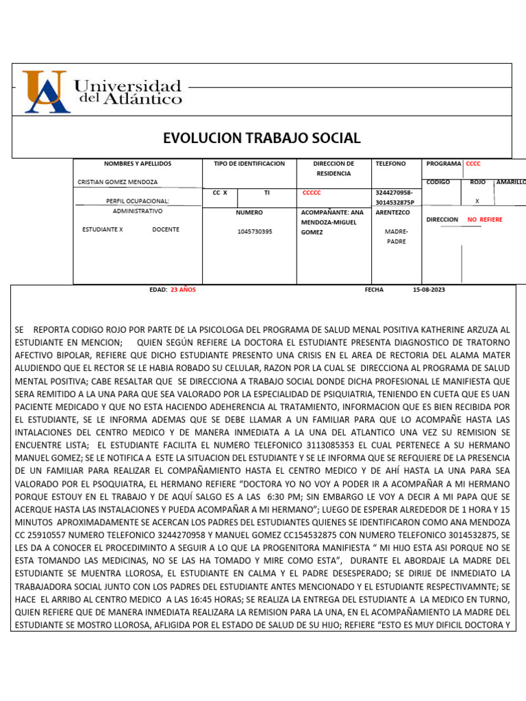 Cristian Gomez Mendoza Cod Rojo | PDF | Trabajo Social | Medicina CLINICA