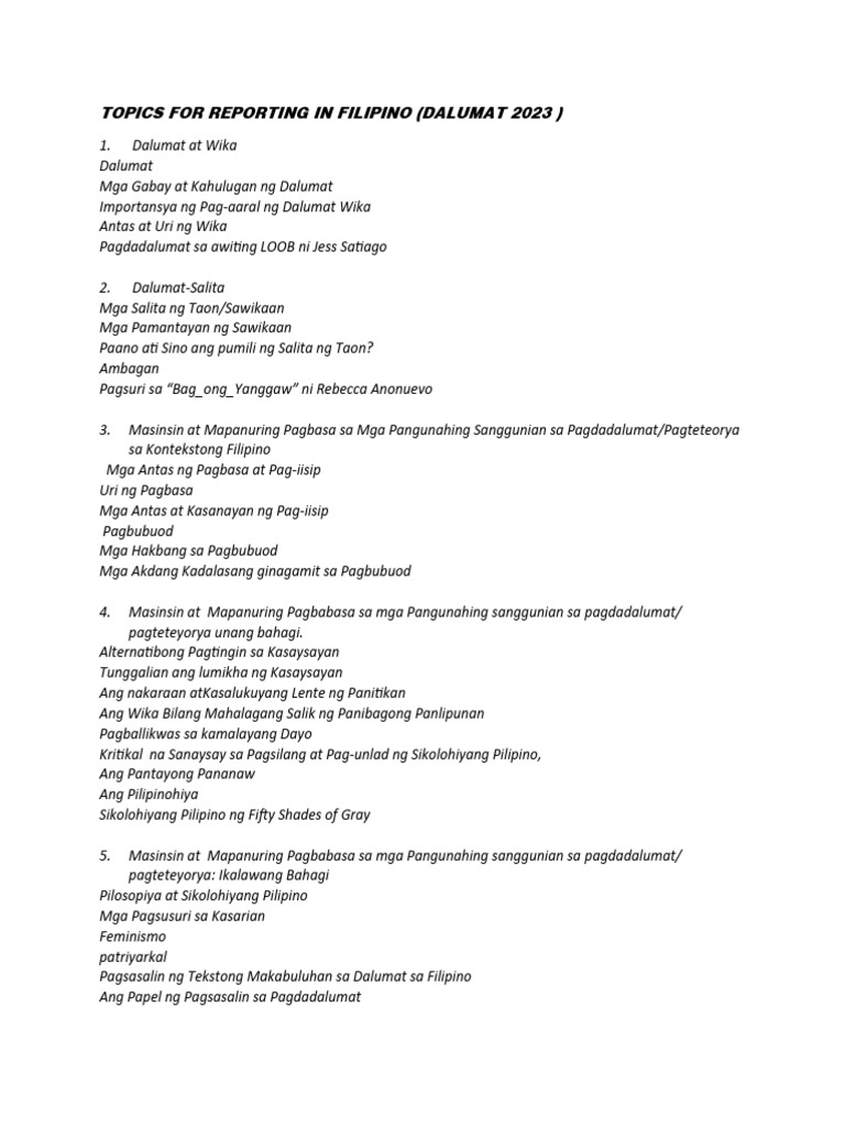 Topics For Reporting in Filipino. 2024docx | PDF