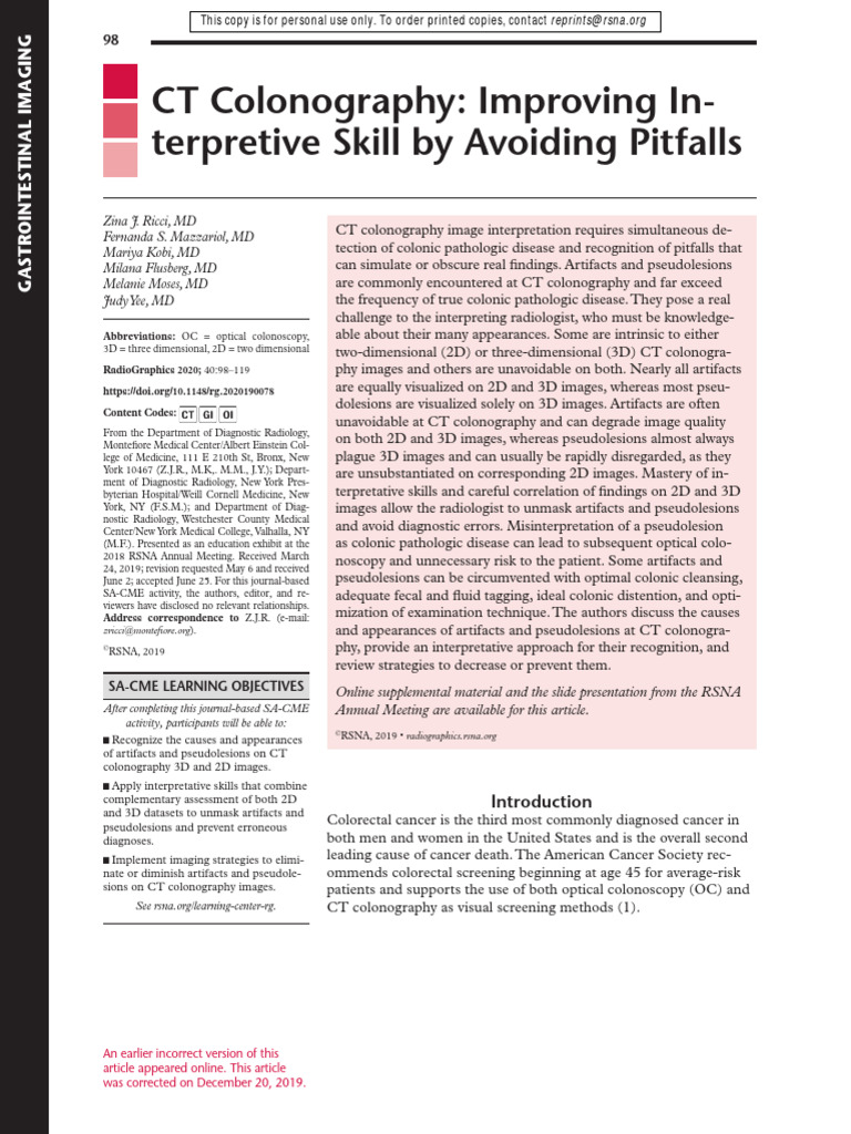 Ricci Et Al 2019 CT Colonography Improving Interpretive Skill by ...