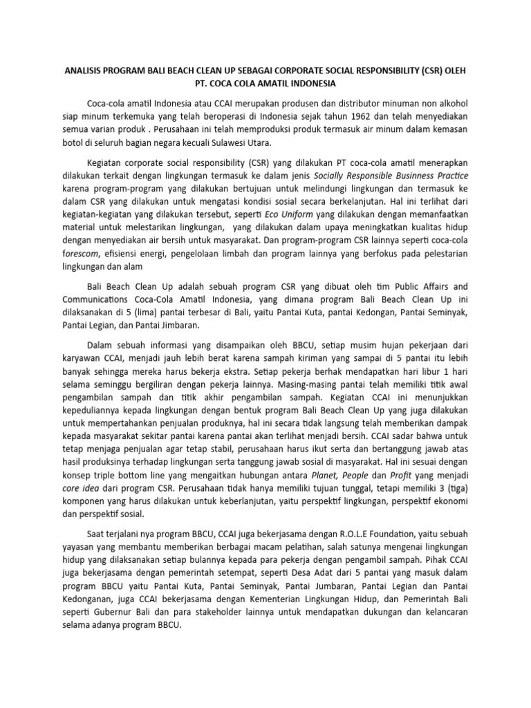 Analisis Program Bali Beach Clean Up Sebagai Corporate Social Responsibility (CSR) Oleh Pt. Coca ...