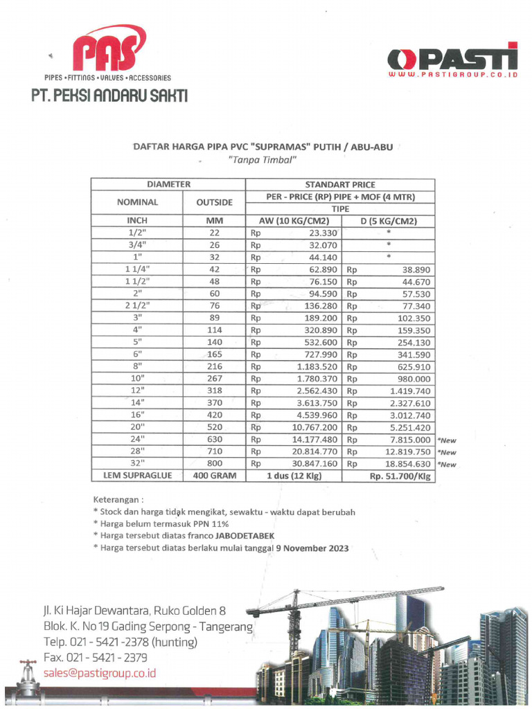 Pricelist Pipa Supramas Dan Lem Supra Glue - Peksi Andaru Sakti - 91123 ...