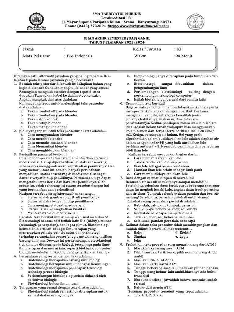 Soal Bhs Indonesia Kelas 11.1 | PDF