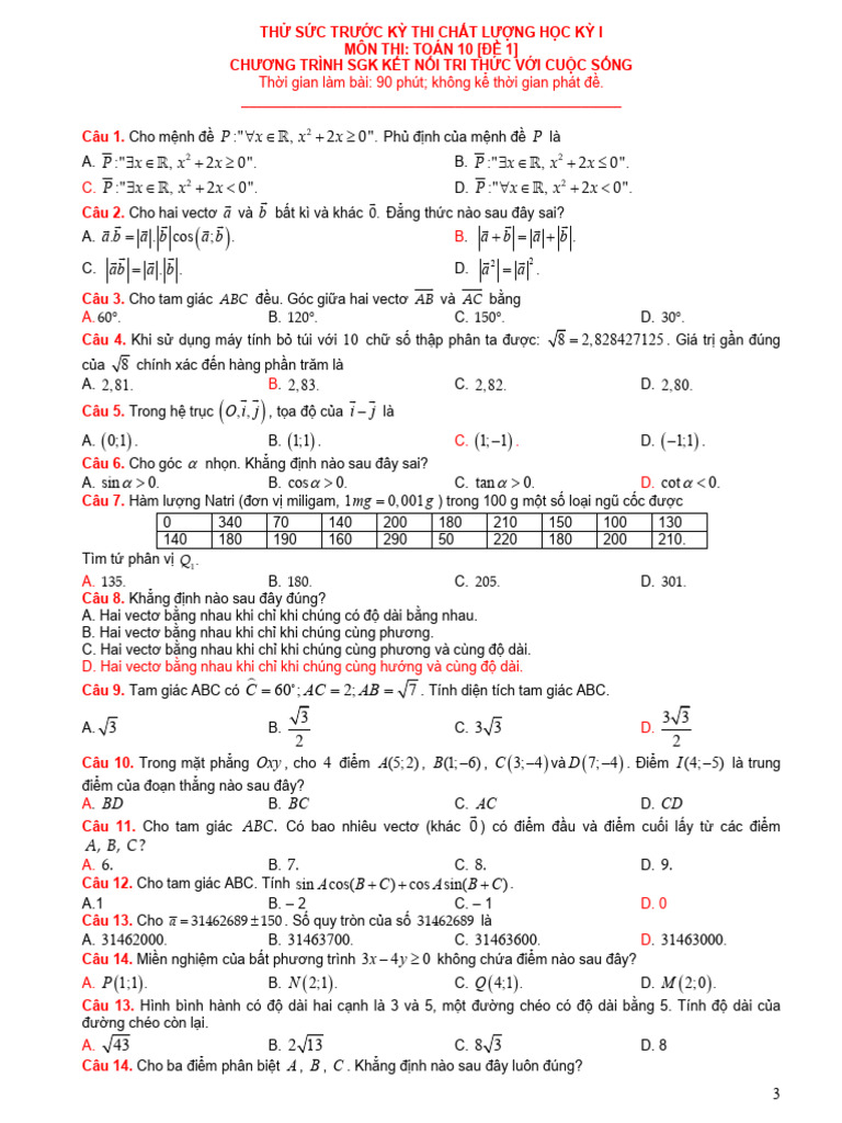 Tuyen Tap 10 de Trac Nghiem Hoc Ky 1 Toan 10 Ket Noi Tri Thuc Voi Cuoc Song 3 6 | PDF