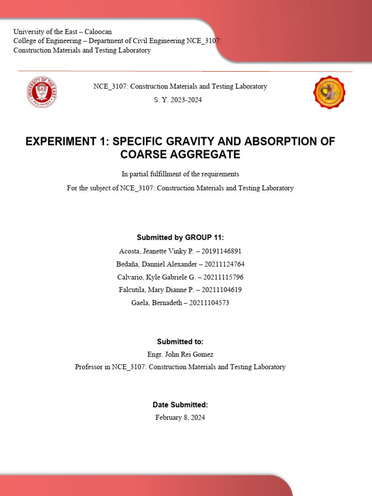 Experiment No 1 Specific Gravity And Absorption Of Coarse Aggregate