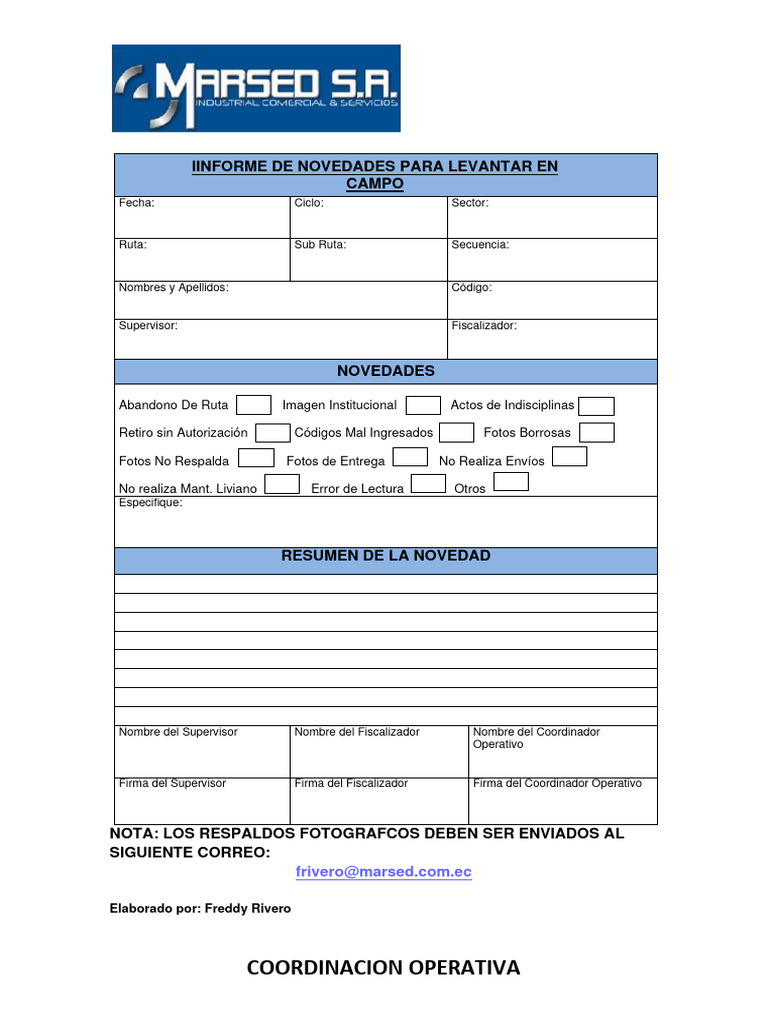 Formato de Informe de Novedades en Campo | PDF