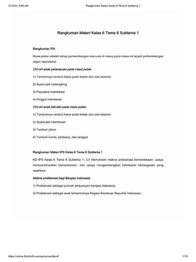 Rangkuman Materi Kelas 6 Tema 6 Subtema 1 | PDF