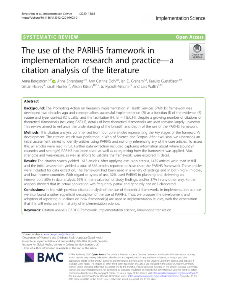 The Use of The PARIHS Framework in Implementation Research and Practice ...