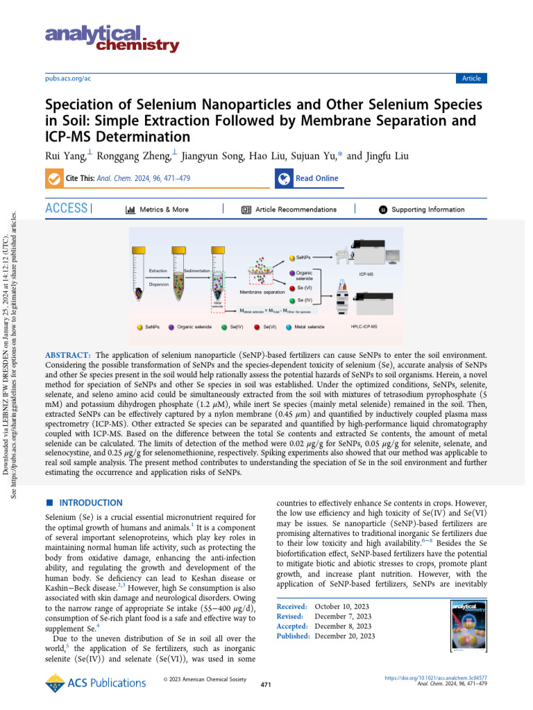 Speciation of Selenium Nanoparticles and Other Selenium Species in Soil Simple Extraction ...