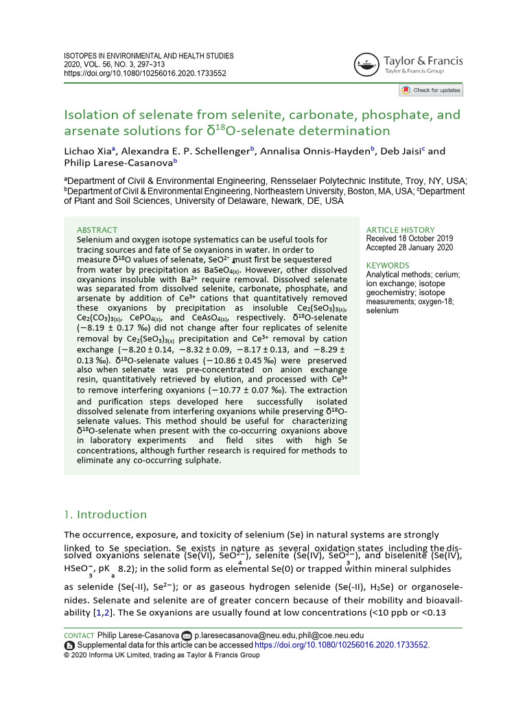 Isolation of Selenate From Selenite, Carbonate, Phosphate, And Arsenate ...