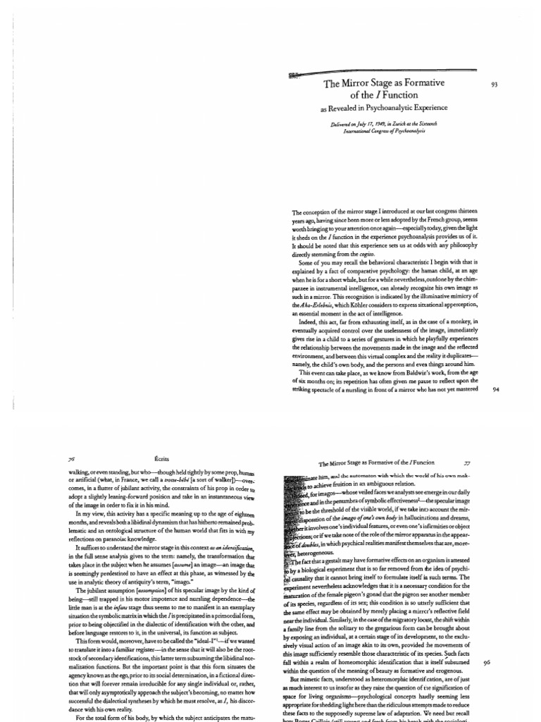 LACAN The Mirror Stage As Formative of The I Function | PDF