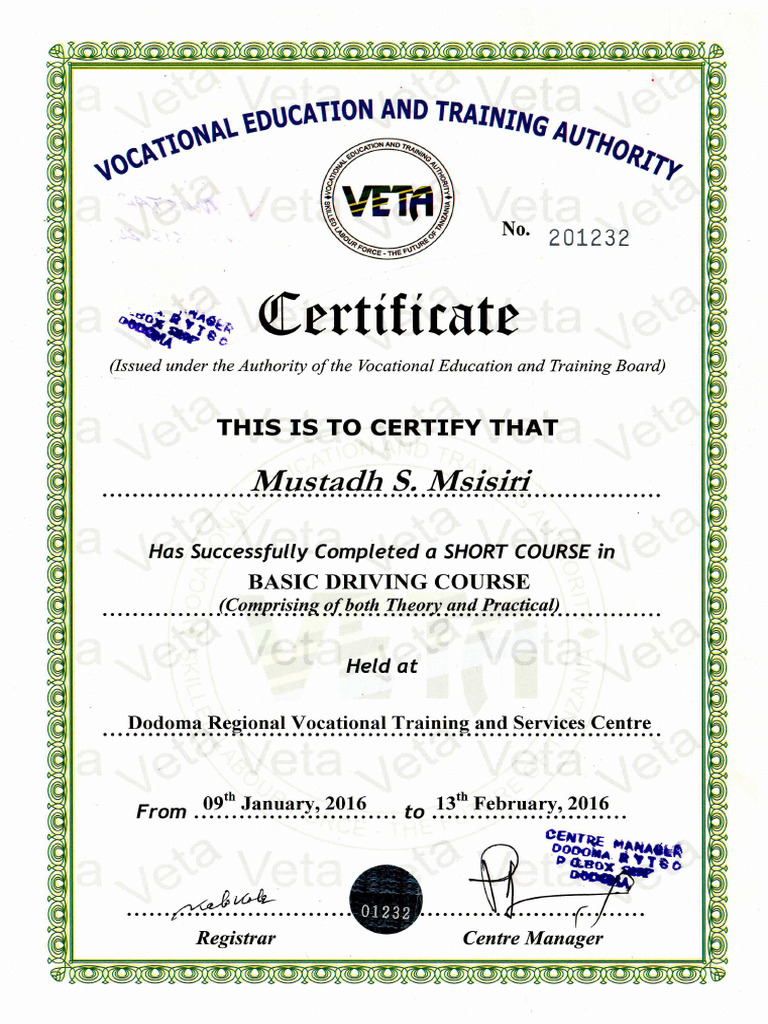 Mustadh Seleman Msisiri Veta Certificate | PDF