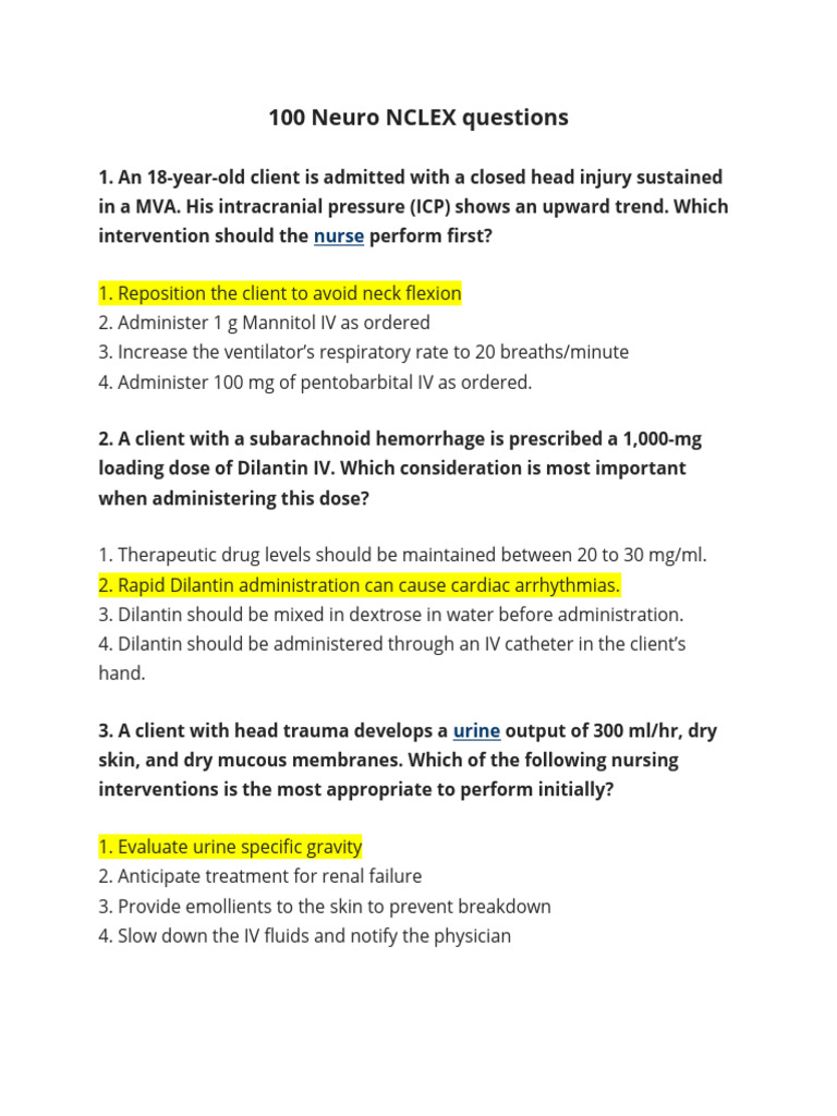 Neuro NCLEX Exam Practice Questions | PDF | Spinal Cord Injury ...