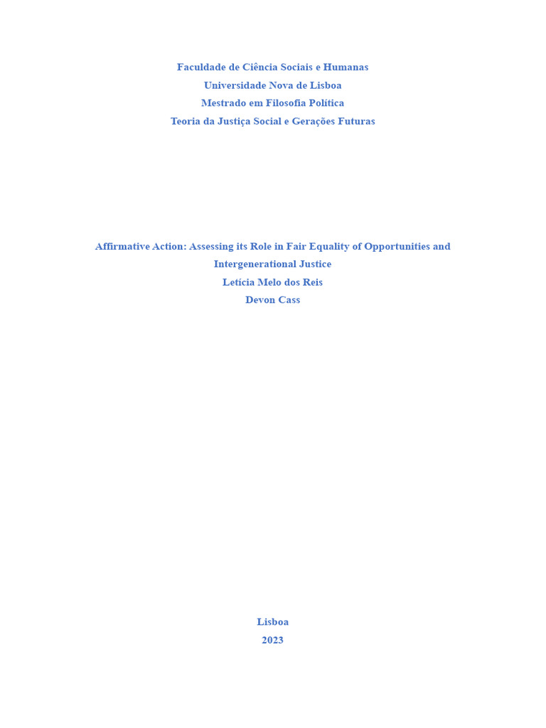 Affirmative Action Assessing Its Role in Fair Equality of Opportunities and Intergenerational ...