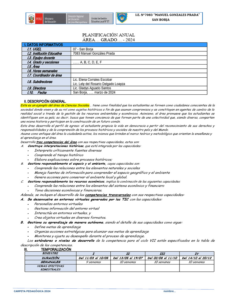 Modelo Planificacion Anual CCSS TERCERO y EdA I 2024 | PDF | Aprendizaje | Desarrollo sostenible