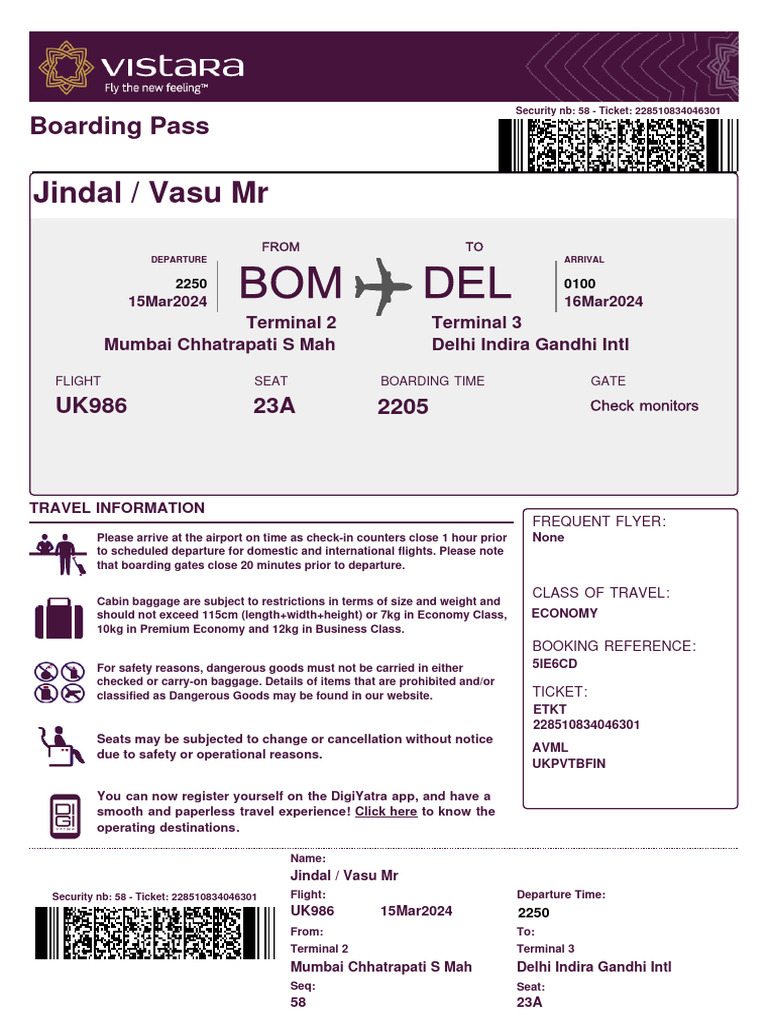Your Boarding Pass To Delhi - VISTARA | PDF | Transport | Airlines