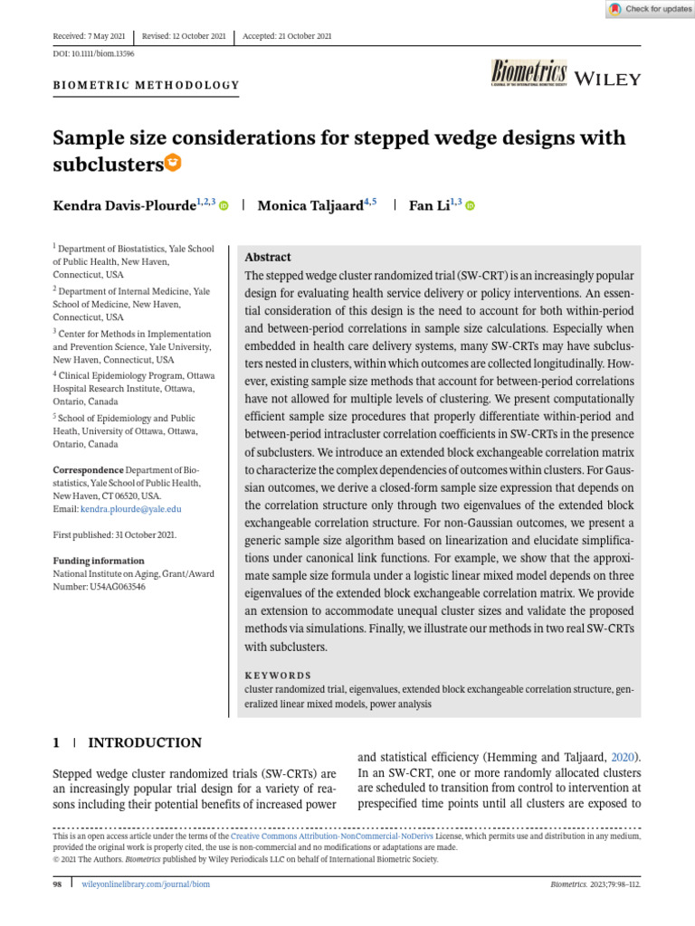 Sample Size Considerations For Stepped Wedge Designs With Subclusters ...