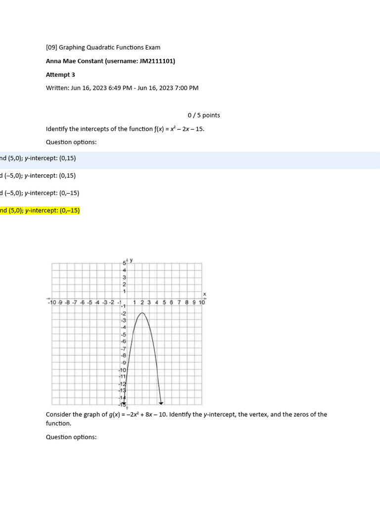 Graphing Quadratic Functions Exam | PDF