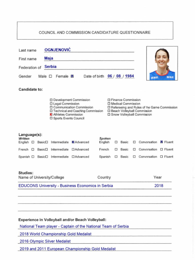 FIVB Council and Commission Candidature Questionnaire Ms Maja OGNJENOVI ... FIVB Council and Commission Candidature Questionnaire Ms Maja OGNJENOVI ...