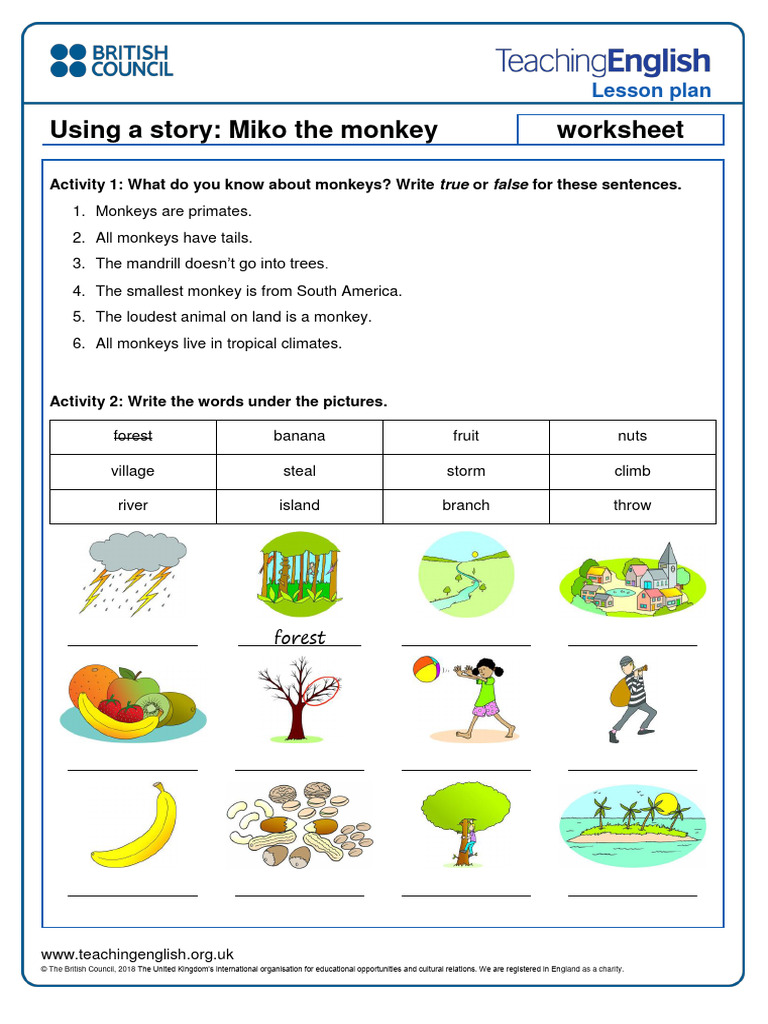 Teaching Kids Using A Story Miko The Monkey Worksheet | PDF | Monkey
