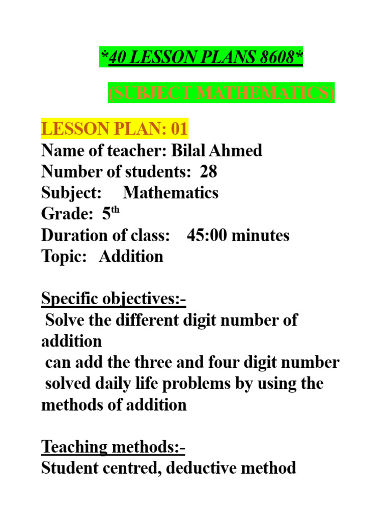 40 Mathematics Lesson Plans for B.Ed | PDF | Lesson Plan | Part Of Speech