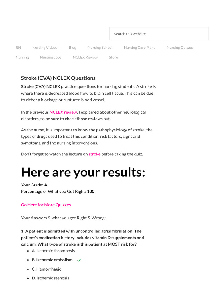 Stroke CVA NCLEX Questions | PDF | Stroke | Ischemia