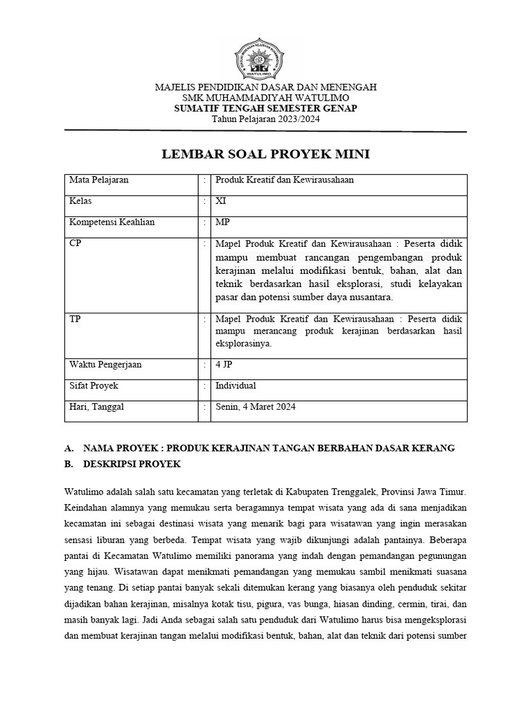 Format Soal Proyek Mini PKK Xi MP | PDF | Seni