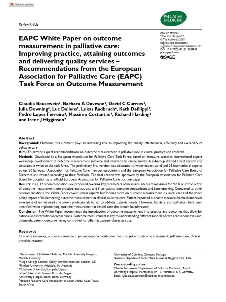 EAPC White Paper On Outcome Measurement | PDF | Caregiver | Palliative Care
