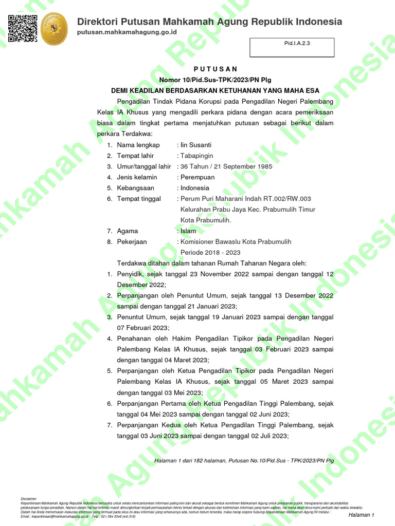 Putusan 10 Pid - Sus-Tpk 2023 PN PLG 20240112235358 | PDF