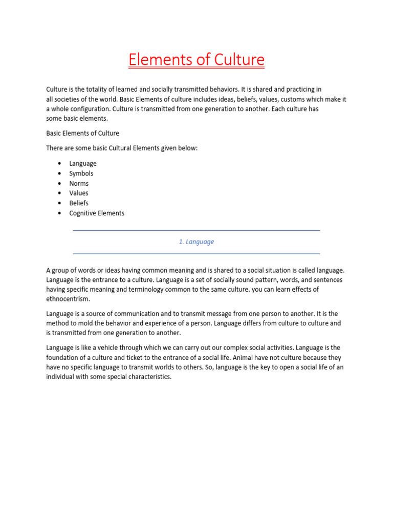 Elements of Culture, Orgnization of Culture, Culture Relatism, Sub ...